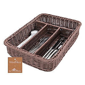 myHomeBody Rectangle Wicker Utensil Holder | Utensil Organizer | Cutlery Organizer for Kitchen Organization | Kitchen Utensil Drawer Organizer Kitchen Accessories | 1 pc, Dark Brown