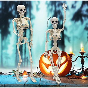 2PCS Skeleton Halloween Decorations, 16" Full Body Posable Skeleton with Movable Joints for Halloween Party Haunted House Outdoor Yard Tree Desk Decor, Holiday Scary Toys Prizes Gifts for Kids