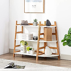 Forevich Ladder Shelf 3 Tier Bamboo Bookshelf Storage Rack Shelves Bookcase Plant Flower Stand for Living Room Bathroom Kitchen Ladder