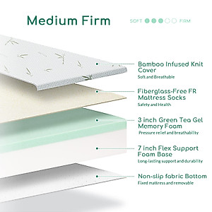 Airdown California King 10 Inch Memory Foam Mattress with Breathable Bamboo Cover, Medium Firm Green Tea Gel Mattress for Pressure Relieving, CertiPUR-US Certified, Made in USA