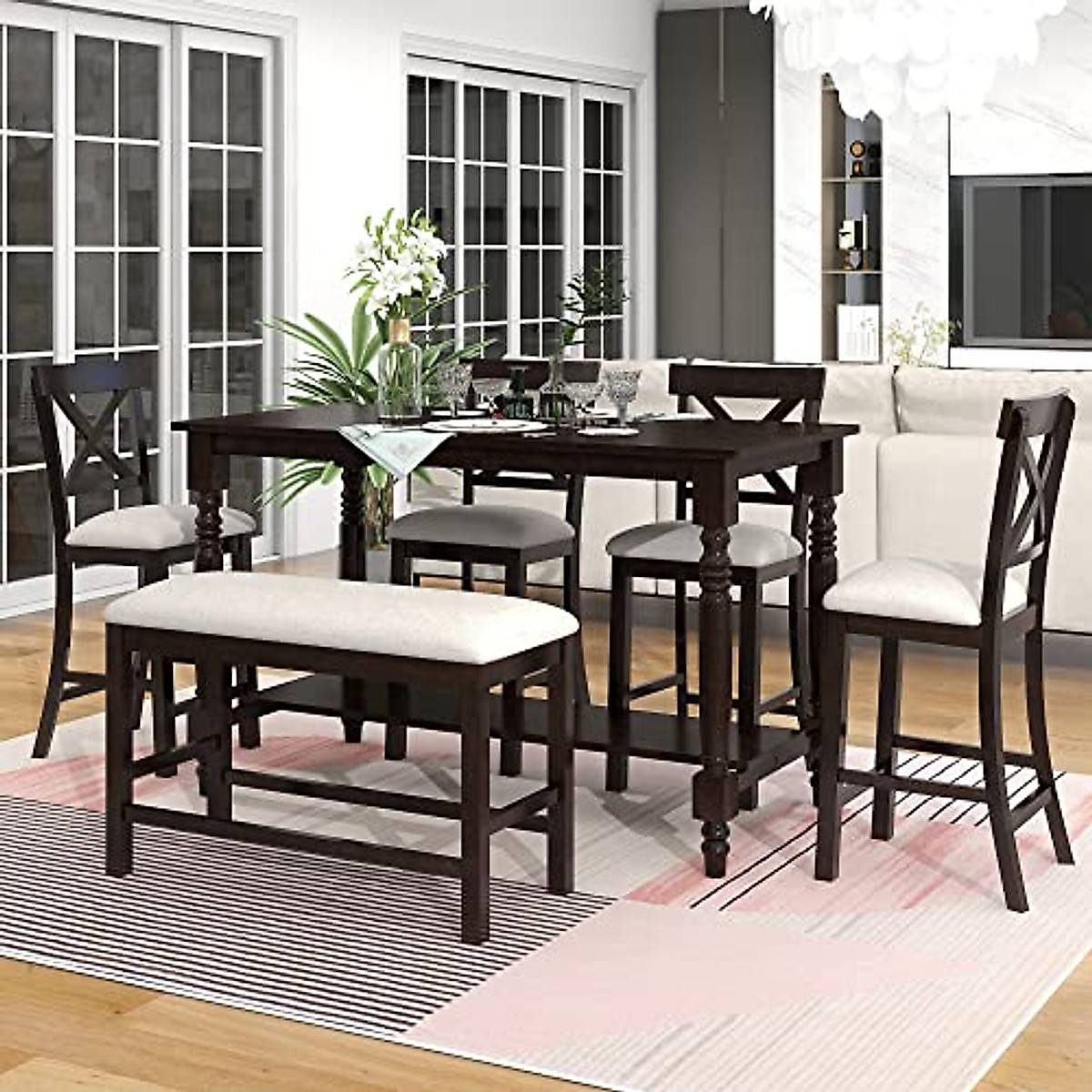 Merax 6-Piece Wooden Counter Height Rectangular Table Set with Bottom Shelf, 4 Chairs, and Padded Bench, Espresso_Fabric Cushion