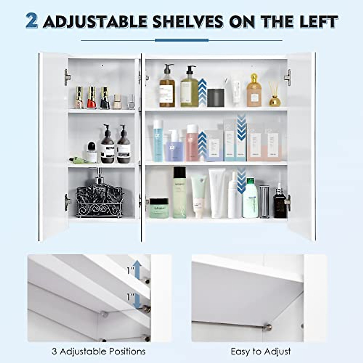 LOKO Large Bathroom Medicine Cabinet with Mirror, Wall Mounted Bathroom Cabinet with 3 Mirrored Doors & Adjustable Shelves, Triple Mirror Door Bathroom Wall Cabinet, 36 x 4.5 x 25.5 Inches