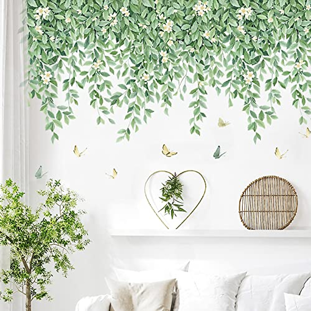 Green Leaf Wall Decals Hanging Vine Wall Sticker Plant Flower Wall Decal Butterfly DIY Removable Wall Stickers Peel and Stick Art Murals for Kids Baby Girls Nursery Bedroom Living Room