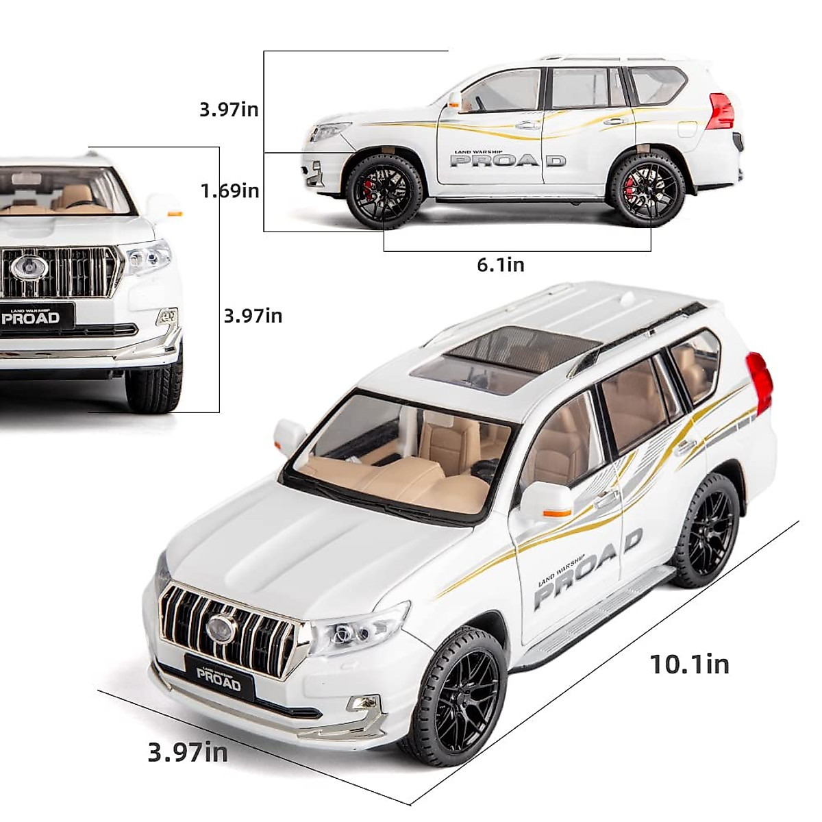 WAKAKAC 1/18 Scale Prado Die-cast Model Car, Alloy Metal Pull Back Collectible Vehicles Toys with Sound and Light Car for Kids and Adults Gifts(White)