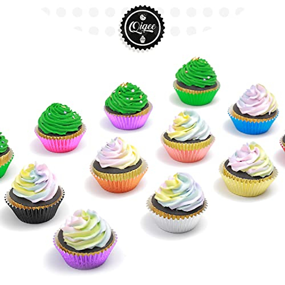 qiqee 500pcs Foil Cupcake Liners For Baking Standard Size Thick ＆ Sturdy Oil Resistance, 10 Color Baking Cups Muffin Liners Paper(Standard Size 2inch Bottom)