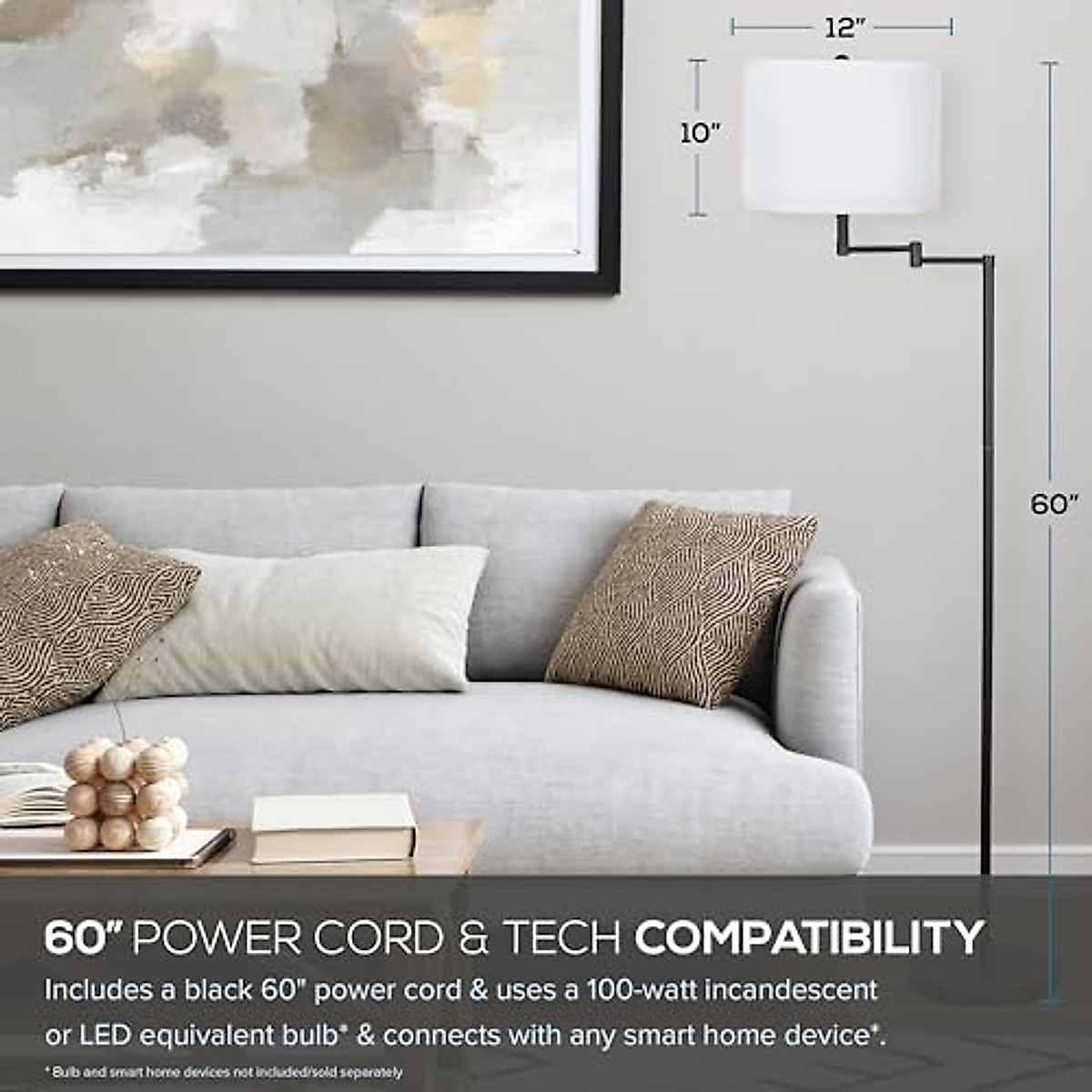 Catalina Lighting 24288-000 Traditional Swing Arm Floor Lamp for Office, Living Room, Dorm or Bedroom, Smart Home Compatible, Bulb Not Included, 60", Black