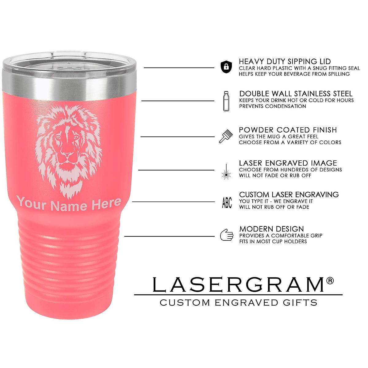 LaserGram 30oz Vacuum Insulated Tumbler Mug, Freemason Symbol, Personalized Engraving Included (Coral)