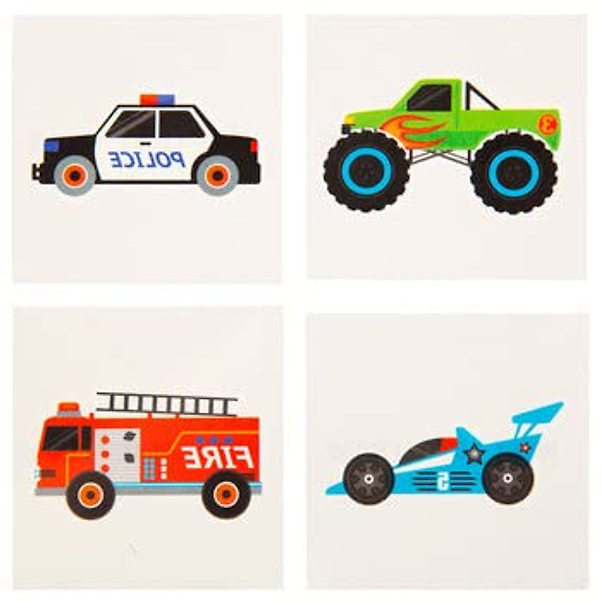 Party Supply Cars and Trucks Party Favors - Temporary Tattoos - Monster Truck, Racecar, Fire Truck, Police Car - 24 Cute Square Tattoos