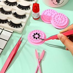 200 Pieces False Eyelashes Glue Holders Pink Flower Shape Glue Pallet Pad with Straight and Curved Tip Tweezers for Eyelash Extension False Lash Application Tools