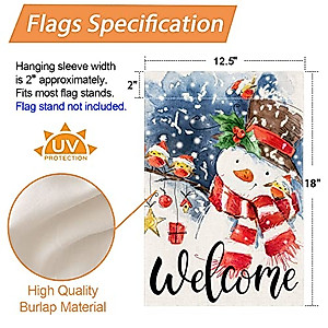 QWETRY Winter Snowman Welcome Christmas Garden Flag Double Sided, Merry Christmas Yard Flag for Outside Outdoor Décor, Premium Burlap Vertical Rustic Flags for Farmhouse Porch Lawn 12.5x18 Inch