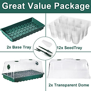 DEAYOU 2-Pack Seed Starter Tray with Humidity Dome and Base, 144 Cells Adjustable Seedling Starting Clone Tray, Garden Propagator Germination Kit with Plant Tags for Indoor Hydroponic Plants Growing