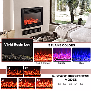 GLACER 28.5'' Electric Fireplace Insert, Recessed & Freestanding with Adjustable Flame Color Timer, Indoor Heater w/Remote Control (750W/1500W) Black…