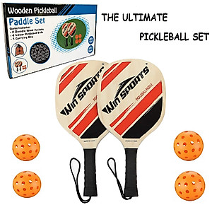 WIn SPORTS Wooden Pickleball Paddles Set 2 Beginner Racket,Pickle Ball Paddles with 2 Paddles,4 Balls and 1 Carry Bag,Durable and Classic (Wooden Version)