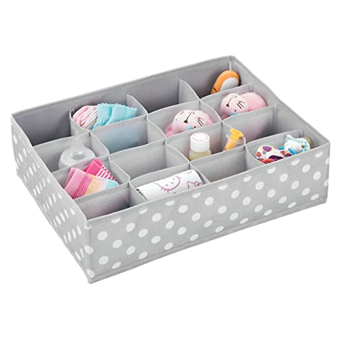 mDesign Soft Fabric Dresser Drawer and Closet Storage Organizer for Child/Kids Room and Nursery - Large 16 Section Organizer - Polka Dot Print - Light Gray/White