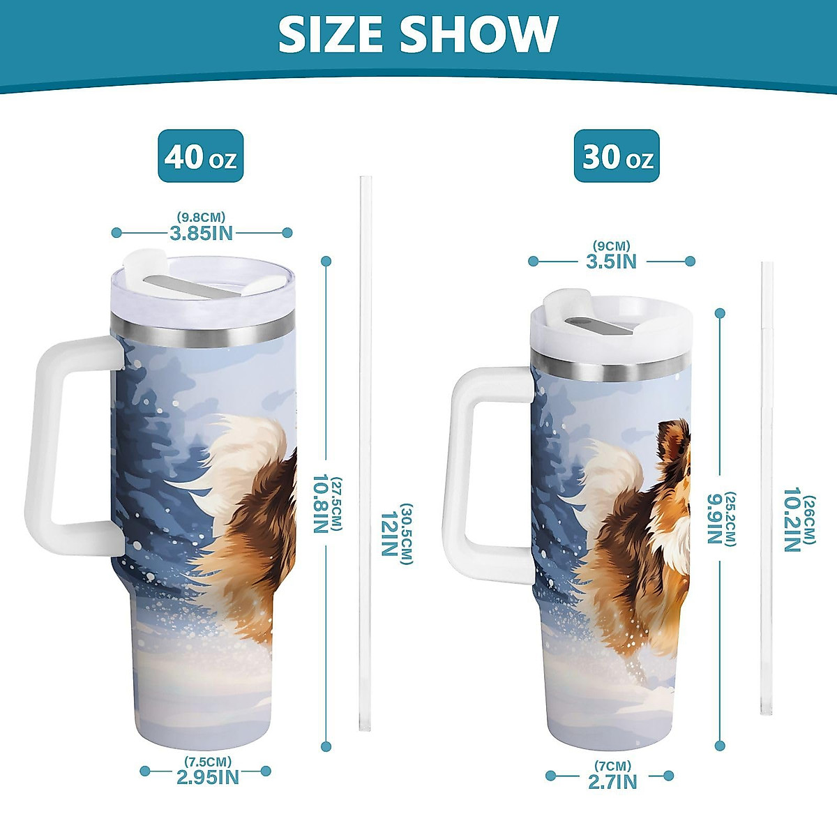MCHIVER White Cute Sheltie Snow Tumbler with Lid and Straw 40 oz Insulated Water Bottle Leakproof Tumblers for Coffee Water Tea