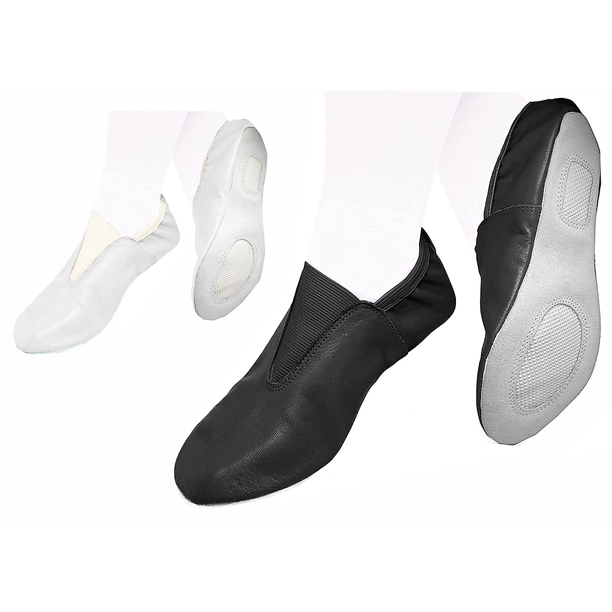 Set of Two Black & White Toddler/Kids/Adult Gymnastic Shoes - Trampoline Shoes Gymnastics - Tumbling Shoes - Agility Gym Shoes Goat Leather Slip-on Rubber Sole, Black & White, 5 UK