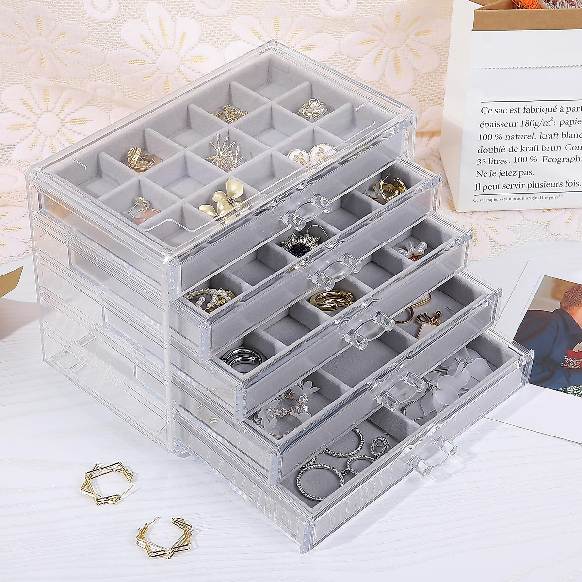 misaya Earring Jewelry Organizer with 5 Drawers, Birthday and Christmas Gift, Clear Acrylic Jewelry Box for Women, Velvet Earring Display Holder for Earrings Ring Bracelet Necklace, Gray