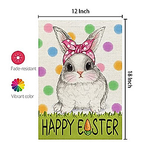 CROWNED BEAUTY Happy Easter Bunny Garden Flag 12x18 Inch Double Sided for Outside Burlap Small Polka Dots Yard Holiday Decoration CF705-12