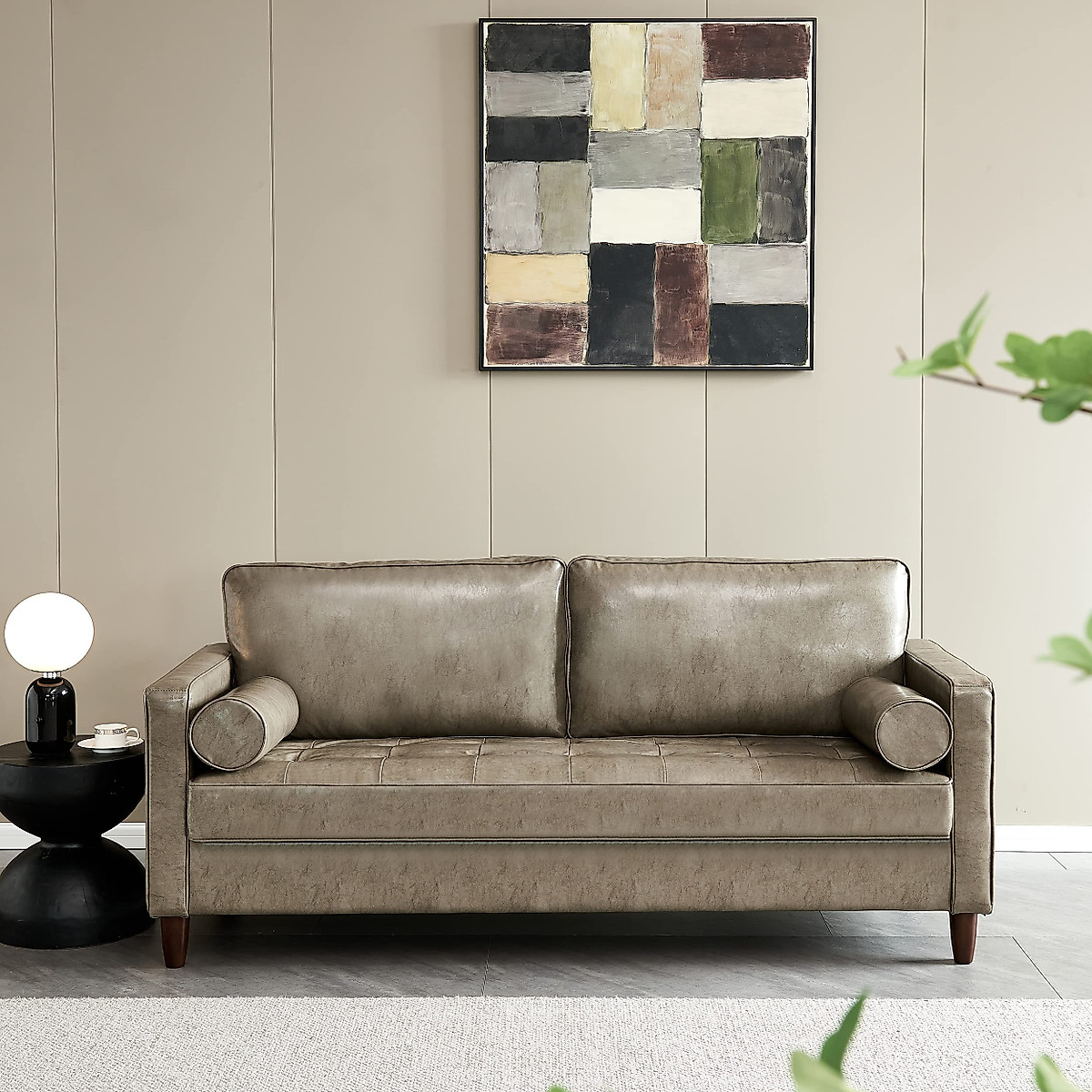 TARTOP Vegan PU Leather Living Room, Mid-Century Upholstered 3 Sofa Couch with 2 Pillows,Hidden Storage Space and Button Tufted Seat for Home or Office,Khaki