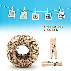 Mini Wooden Clips, 250pcs Natural Wooden Mini Photo Clips Clothespin Craft Decoration Clips with 1 Roll 50 Meter Jute Twine Crafts Decor