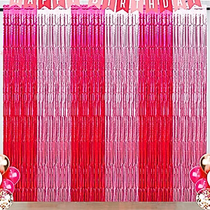 Hot Pink Birthday Decorations Backdrop, Pink and Hot Pink Foil Fringe Curtains Photo Streamers for Girl Sweet Birthday Theme Valentine's Day Wedding Anniversatry Party Decortions (3Pack)