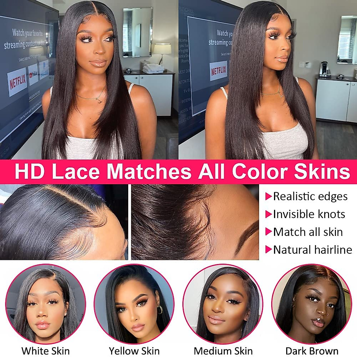 RESHOWBEAUTY Lace Front Wigs Human Hair Straight 13x4 Frontal For Black Women With Baby 180% Density Transparent Brazilian Virgin Wig Pre plucked Natural Color (24 Inch)
