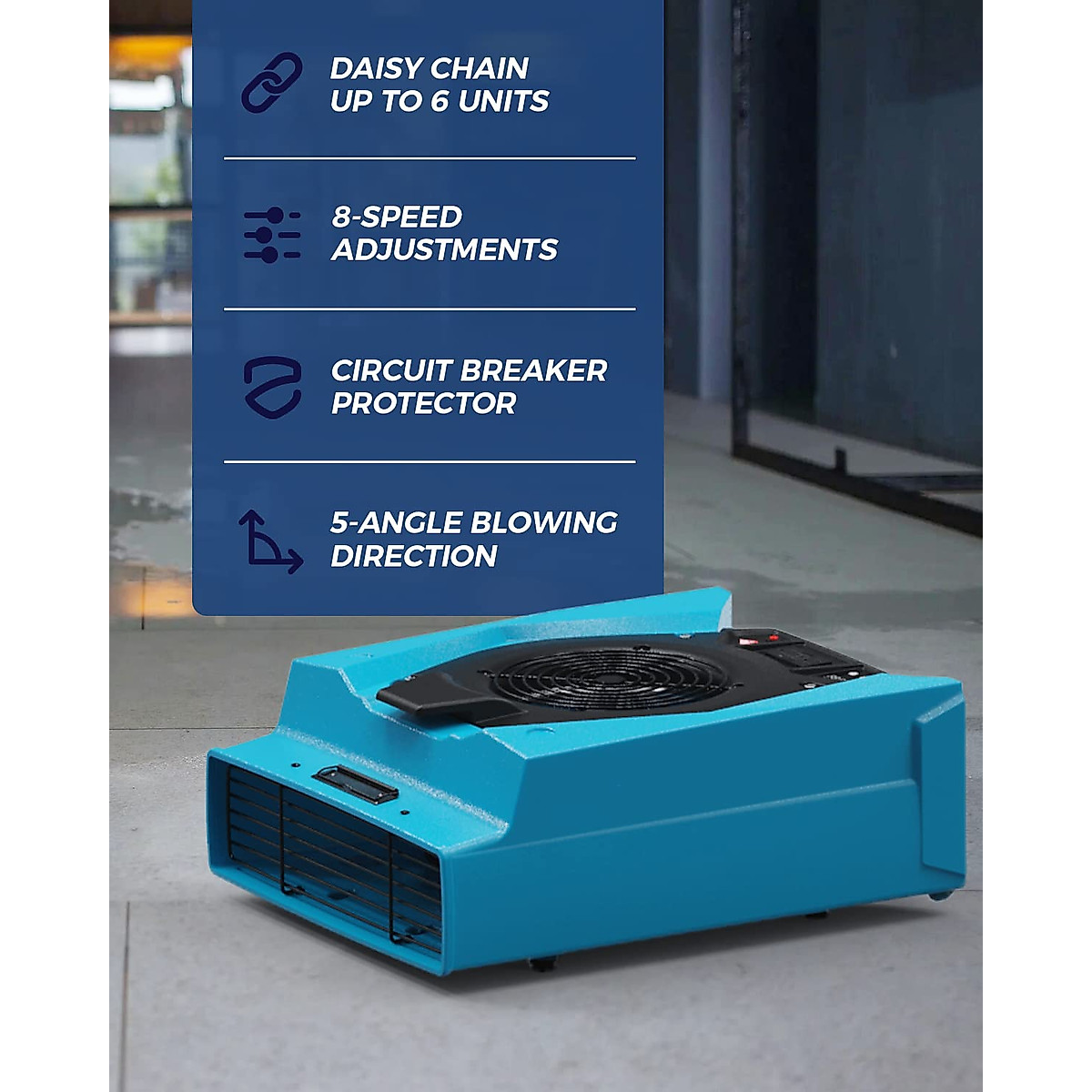 ALORAIR Zeus 900 Air Mover Commercial Blower for Carpets, Walls, Plumbing Use, Variable Speed Floor Blower Fan, 950 CFM with 1.8 Amps, Circuit Breaker Protection,on-Board Duplex GFCI, Blue