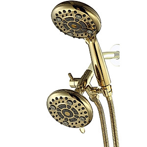 G-Promise High Pressure Dual Shower Head Combo | 72 Inches Flexible Stainless Steel Hose, 3-Way Solid Brass Diverter Bracket (Polished Brass)