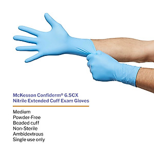 McKesson Confiderm 6.5CX Nitrile Exam Gloves - Powder-Free, Latex-Free, Ambidextrous, Texture, Chemo Tested, Light Blue, Extended Cuff, Size Medium, 100 Count, 10 Boxes, 1000 Total