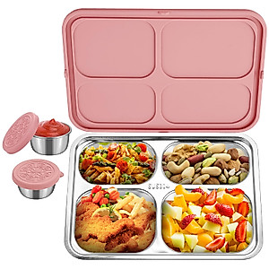 LEGELITE Stainless Steel Bento Box Container with 2 Sauce Cups, 4 Compartments Premium Bento Box, Metal Lunch Box Set for Kids or Adults (Pink)