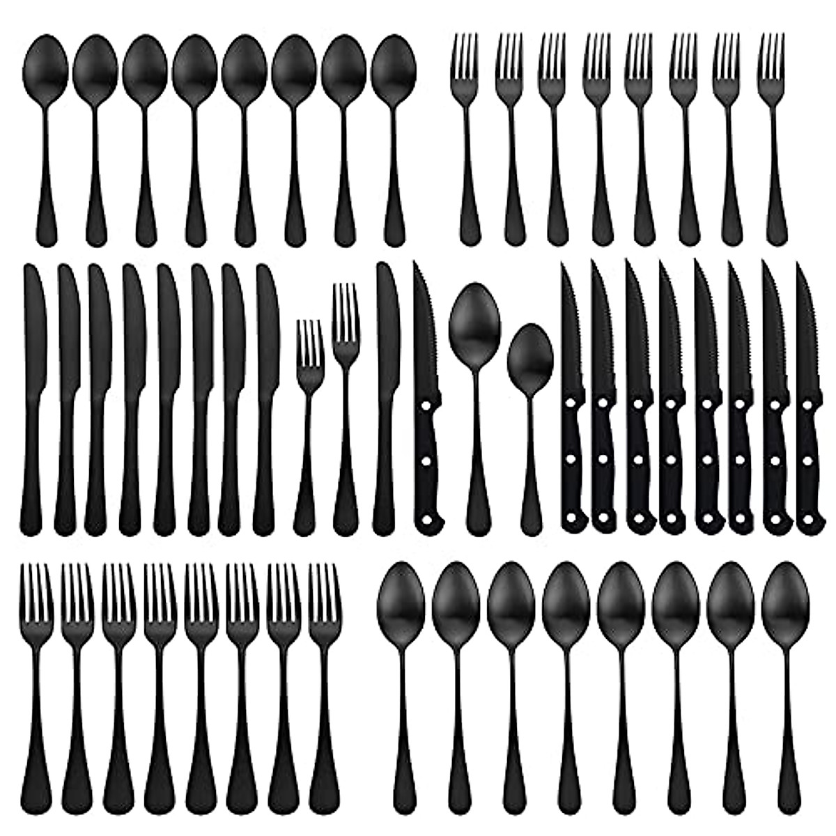 Matte Black Silverware Set with Steak Knives, 48 Pieces Stainless Steel Flatware Cutlery Set for 8， Hand Wash Recommended (Black)