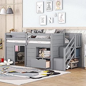 Twin Size Low Loft Bed with Play Space, Solid Wood Low Loft Bed Frame with Drawer, Shelf and Stairs Kids Loft Bed for Boys, Girls & Teens (Grey)
