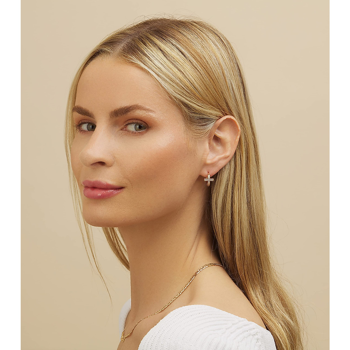 Barzel 18k Gold Plated Crystal Huggies Cross Earrings for Women - Made In Brazil