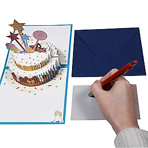 Magic Ants Pop Up Happy Birthday Card,3D Birthday Popup Cards,Birthday Cake Funny Postcards Pop Up Greeting Cards,Pop Up Birthday Cards for Women Men (Stars Birthday Cake - Blue)