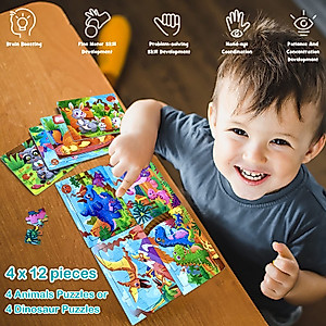 IHOMEINF Toddler Wooden Puzzles for Kids Ages 3-8, Montessori Toys for 3 4 5 6 7 8 Year Old, 4 Pack Dinosaur Jigsaw Puzzles Set Preschool Learning Toys Boys Girls Gifts (Dinosaur Puzzles 12 Pcs)