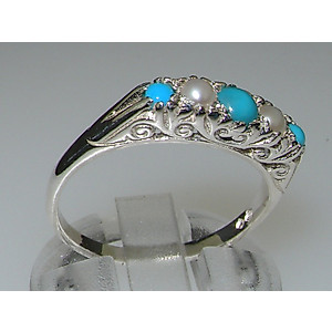 925 Sterling Silver Natural Turquoise and Cultured Pearl Womens Band Ring - Size 7.75