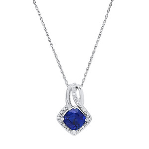 Dazzlingrock Collection 7 mm Cushion Lab Created Blue Sapphire Women Elegant Tiny Pendant with Round Natural Diamond Accents in 18 Inch Silver Chain in 925 Sterling Silver