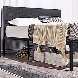 VECELO Platform Bed Frame Queen Size with Black Wood Headboard, Strong Metal Slats Support Mattress Foundation, No Box Spring Needed