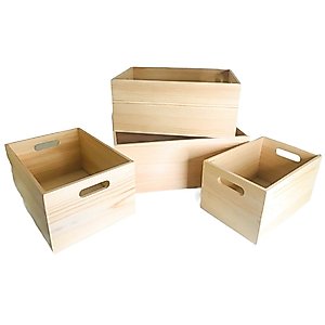 Oojami 4 Pack Unfinished Wooden Crates with Cutout Handles – DIY Nesting Wood Boxes for Storage, Home Organization & Display – Rustic Wooden Storage Crates for Crafting, Décor, Shelves & More