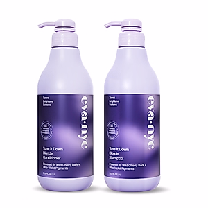 Eva NYC Tone It Down Blonde Shampoo and Conditioner Set, Moisturizing Purple Shampoo and Conditioner for Eliminating Brassy & Yellow Tones, Vegan Hair Shampoo and Conditioner, Pack of 2, 1L