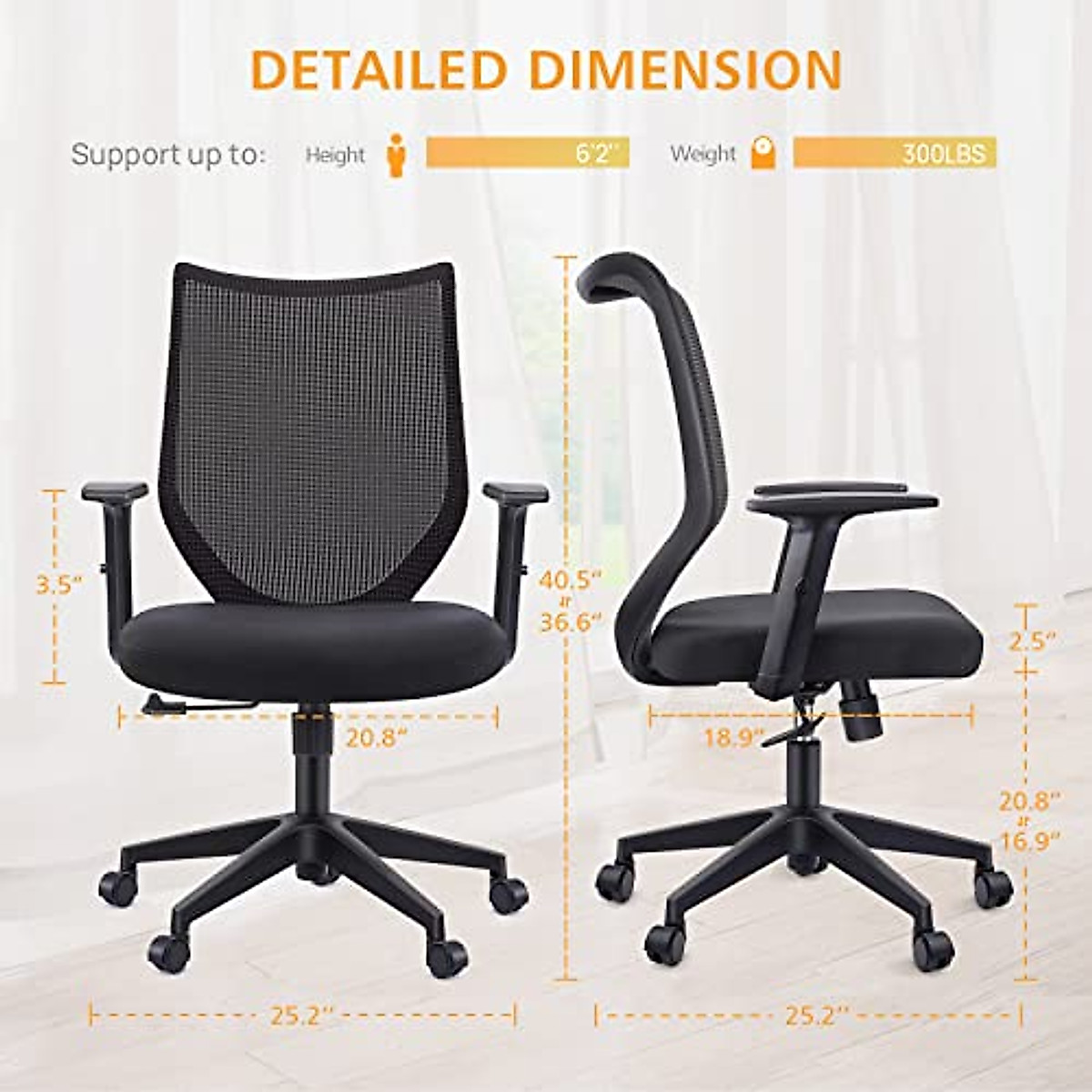 ETasker Ergonomic Office Chair Home: Mesh Desk Chair with Adjustable Arms - Mid Back Computer Chairs for Women Adults - Swivel Task Chair Comfortable for Home Office (Black)