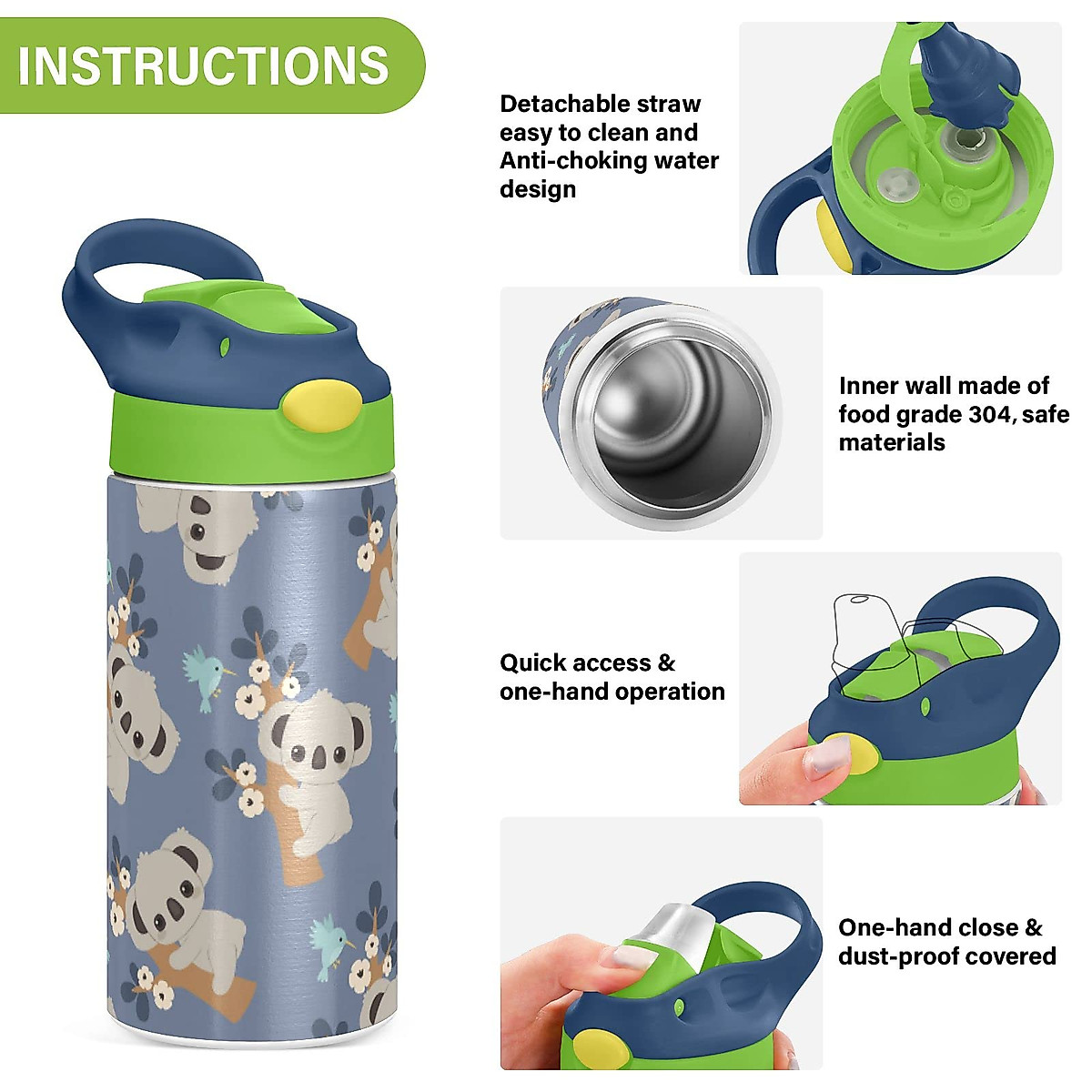 Water Bottle with Straw Koala,12 oz.,BPA Free Water Bottle for Travel/School(226cr6a)