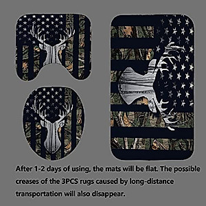 OLEBETY 4PCS/Set Camo Shower Curtain, Man Cave White Black American Flag Woodland Elk Moose Bear Wildlife Animal Hunting Rustic Cabin Bathroom Decor Non-slip Bath Rugs Gifts for Men Hunters, Deer Head