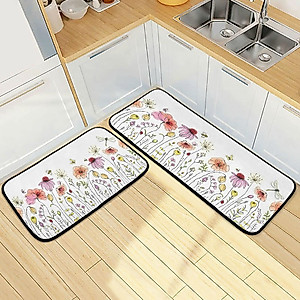 xigua 2 Piece Colorful Wildflowers Anti-Fatigue Kitchen Rug, Waterproof Non-Slip Kitchen Mats and Comfort Elastic Cotton Interlayer Rug for Kitchen, Floor Home, Office, Sink, Laundry