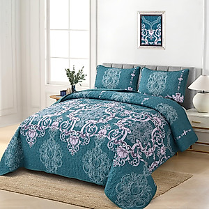 Dobuyly Teal Quilt Set Queen Size, 3 Pieces Boho Damask Green Bedspread Coverlet Set with 2 Pillowcases, Soft Lightweight Microfiber Luxury Quilt Bedding Set for All Season 96"x90"