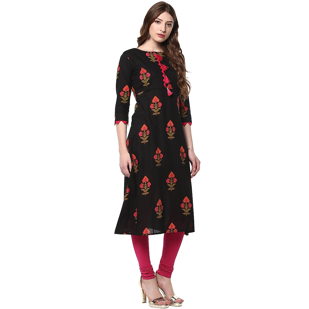 Janasya Indian Women's Tunic Tops Cotton Kurti for Women(JNE2170-KR-436-XL) Black