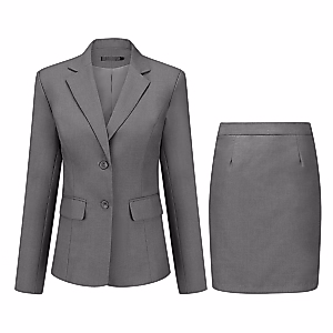 YUNCLOS Women's 2 Pieces Skirt Suit Set Long Sleeve Blazer Jacket and Pencil Skirt Dark Gray