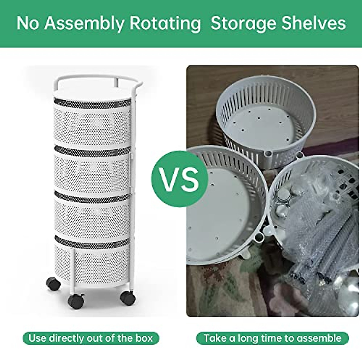Rotating Storage Shelves Rack for Kitchen, 4-Tier Multi Layer Removable Basket Shelf Organizer on Rolling Wheels for Fruit Vegetable Grocery Corns Potato Onion (4-Tier , White)
