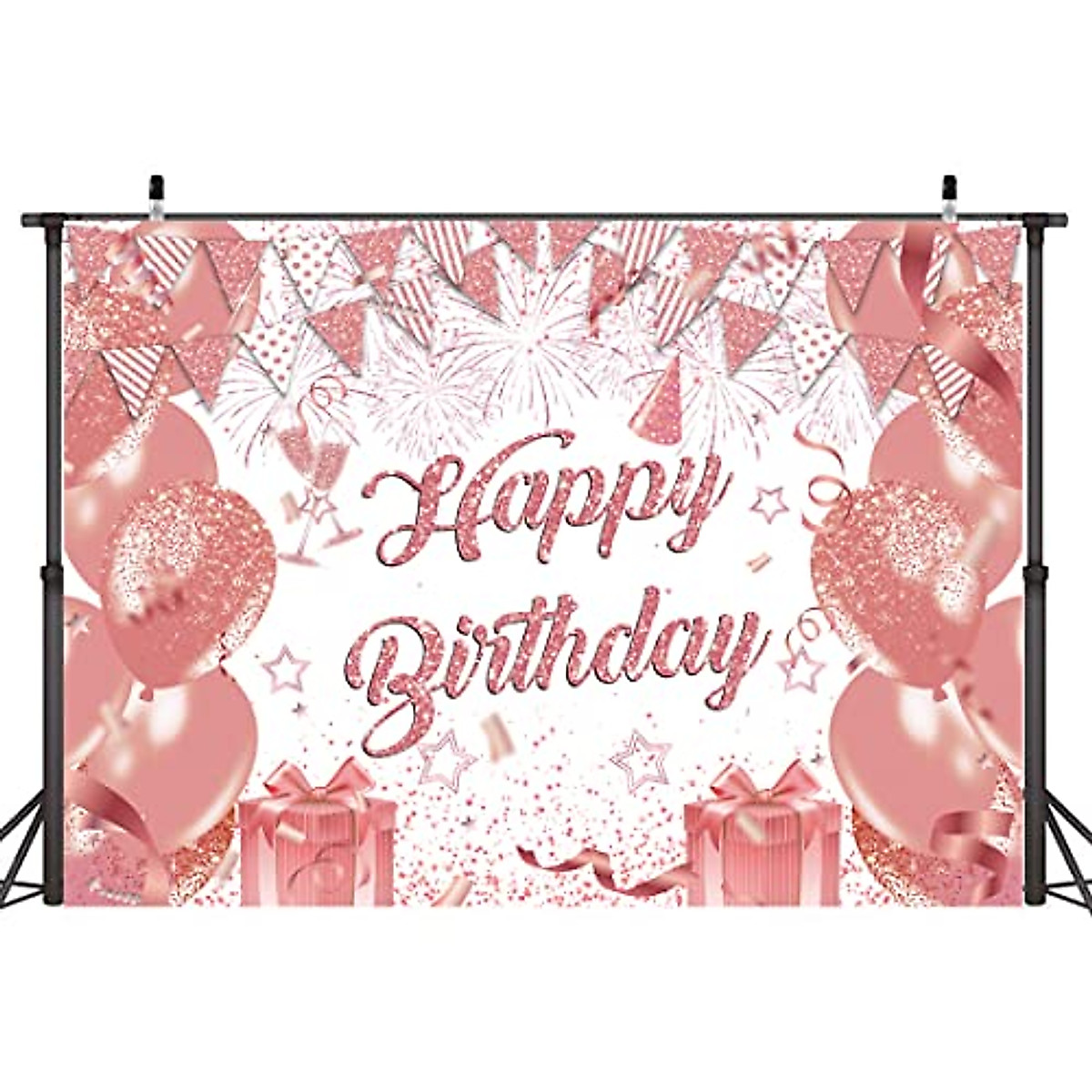 Wollmix Rose Gold Happy Birthday Decorations for Women Banner Backdrop 7x5ft Party Sweet 16 Girls Balloons Glitter Dots Photography Background Supplies Photo Booth Studio Cake Table