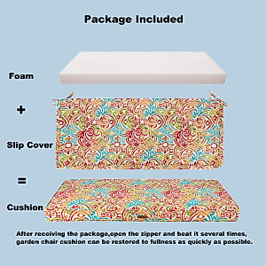 FUNHOME Outdoor Bench Cushion Water-Resistant, 45 x 18 Inch Bench Cushions for Outdoor Furniture, Settee Cushions with Handle and Straps, Patio Couch Cushion 1 Pack, Melora Paisley, Corinthian Dapple